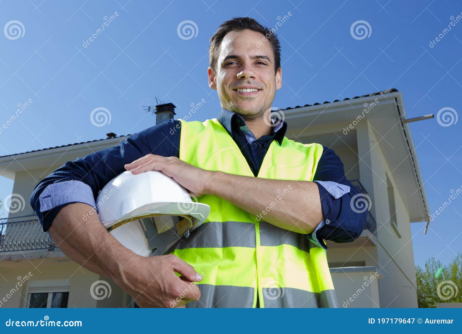 Outdoor Portrait Young Builder with House Project Looking Cheerful ...