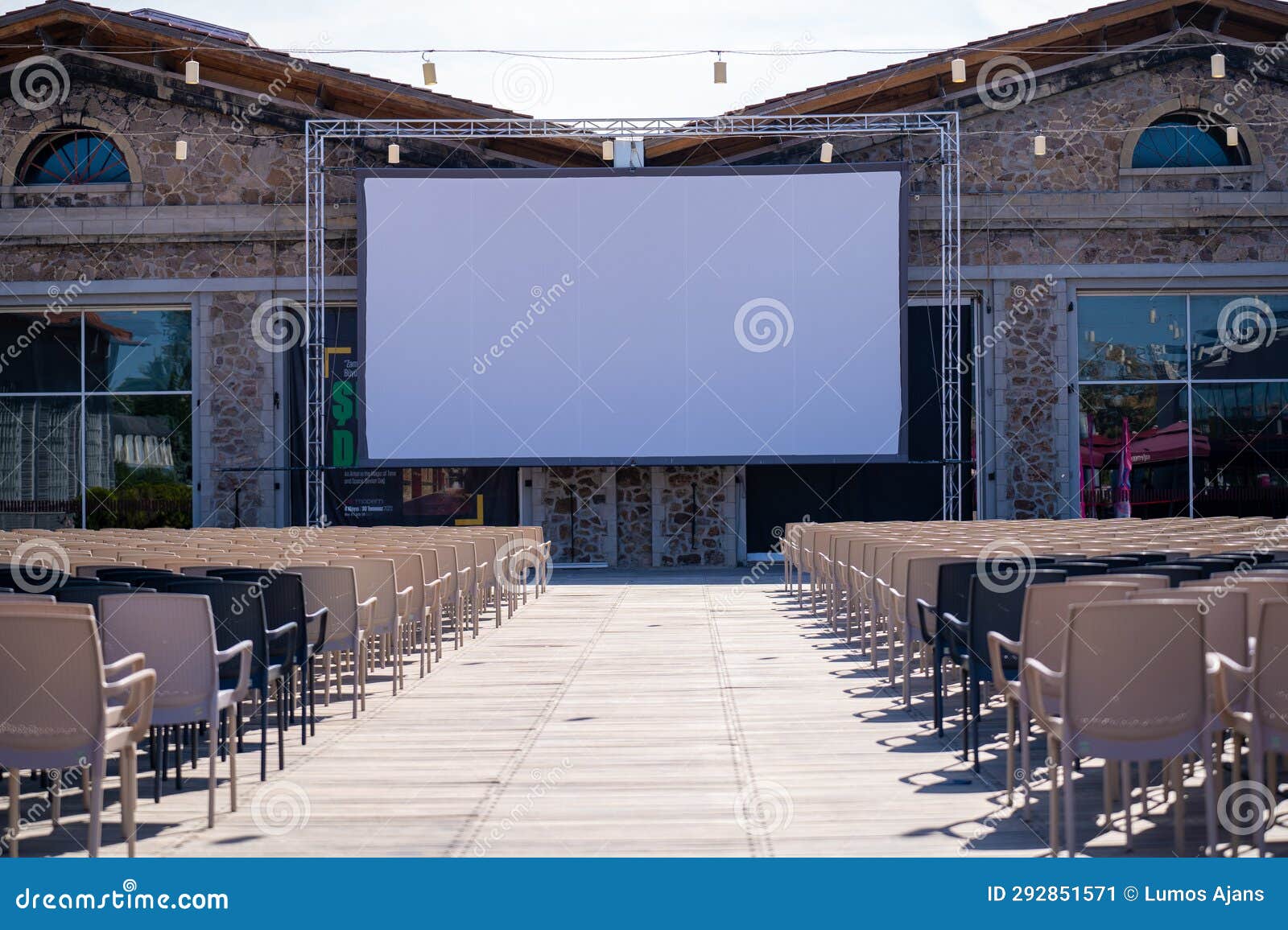 Outdoor Projection Cinema Screen and Chairs Stock Image - Image of show ...