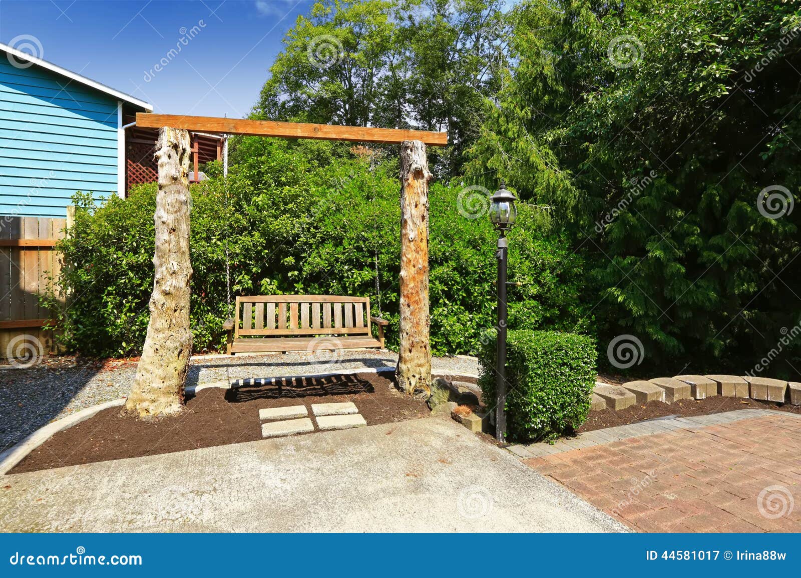 Outdoor Rest Area with Wooden Swing Stock Image - Image of house ...