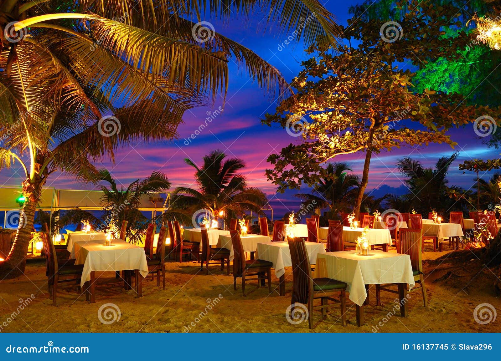 Outdoor Restaurant at the Beach during Sunset Stock Image - Image of ...