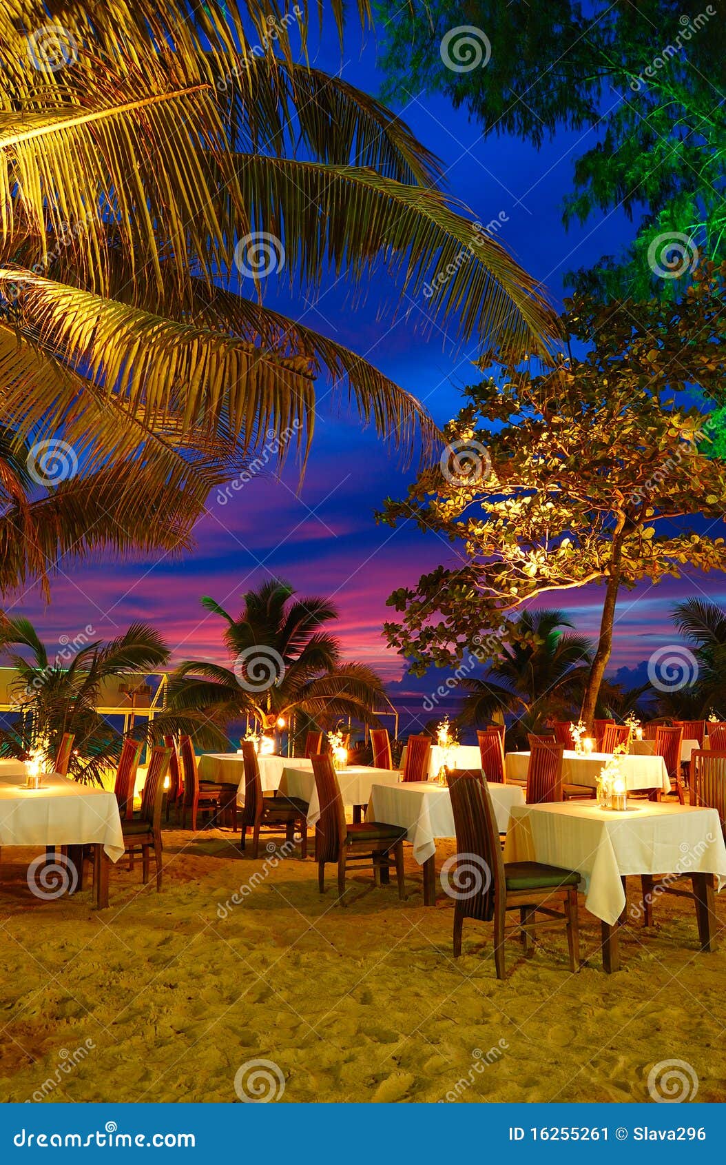 Outdoor Restaurant at the Beach during Sunset Stock Image - Image of ...