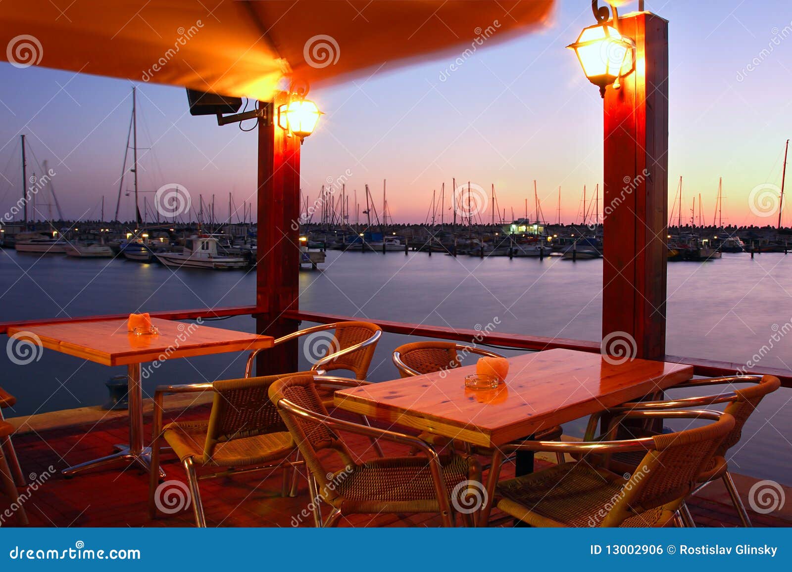 Outdoor Restaurant on Marina at Evening. Stock Photo - Image of food ...