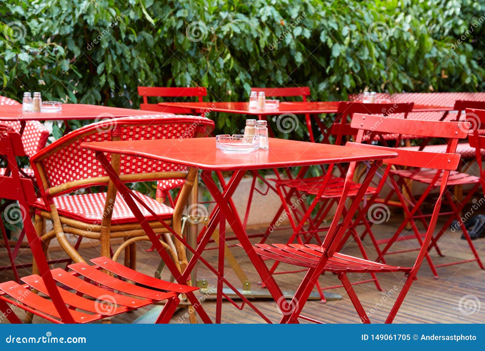 Outdoor Restaurant Red Tables and Chairs in Summer Stock Image - Image ...