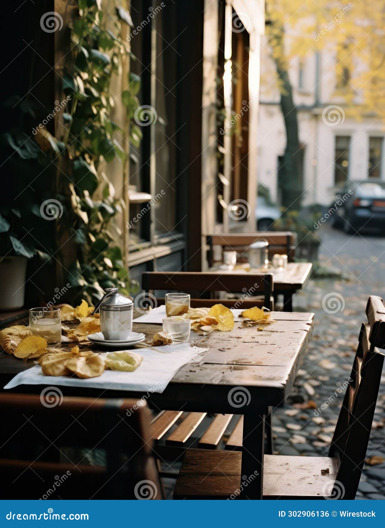 An Outdoor Restaurant with Tables, Benches and Plates of Food Stock ...