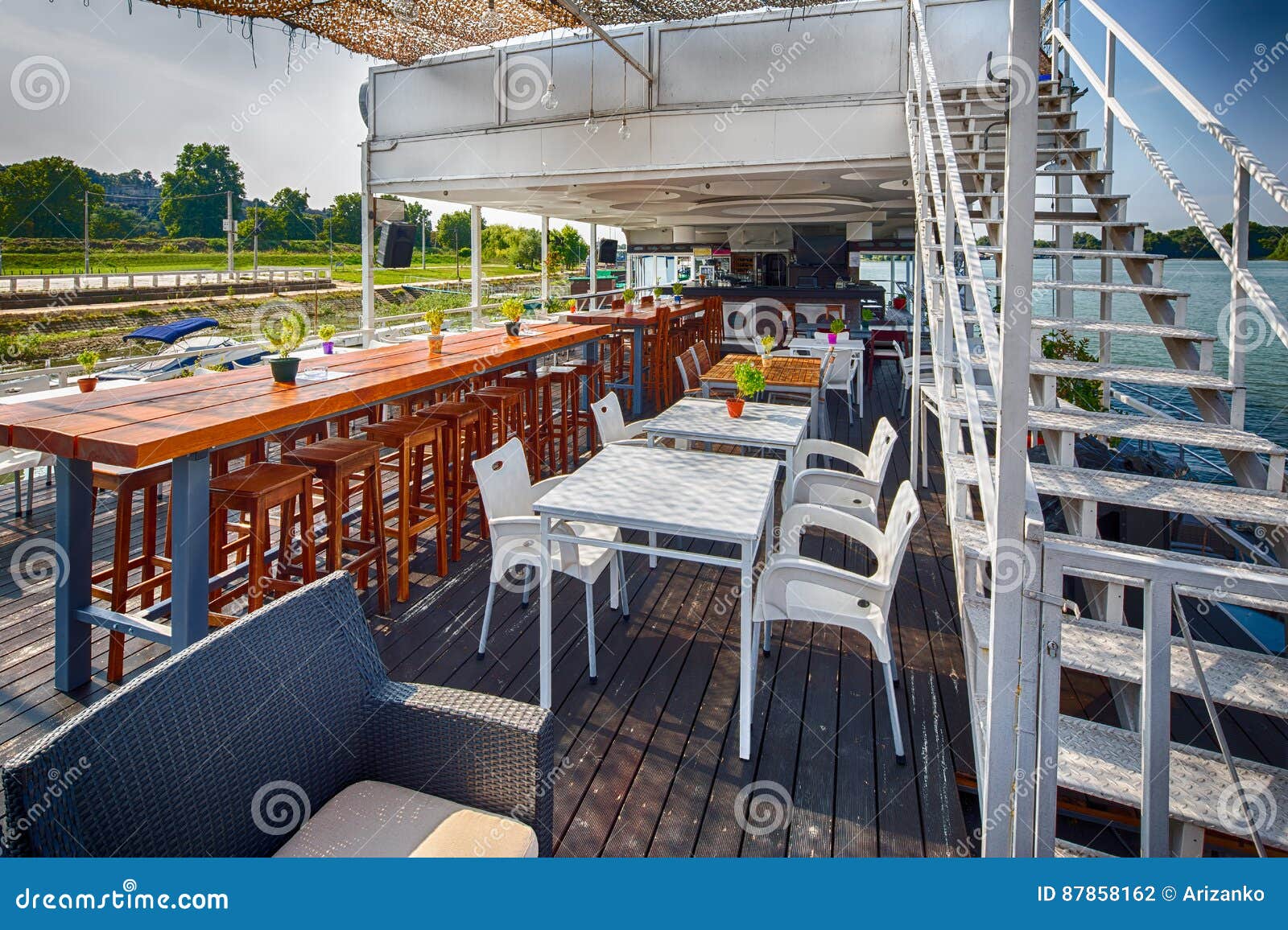 Outdoor River Restaurant on Boat . Beautiful Patio Stock Photo - Image ...