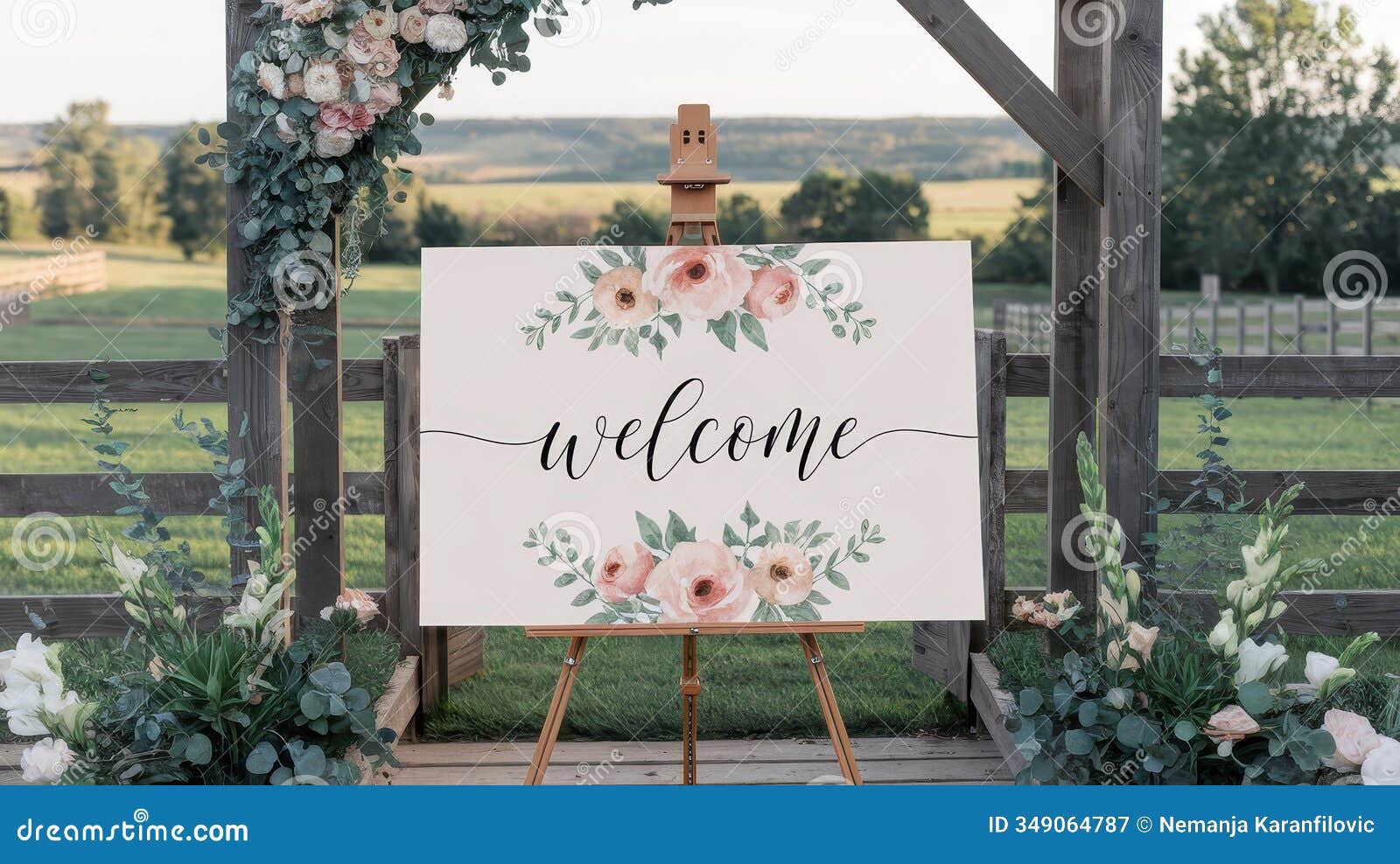 Outdoor Rustic Welcome Sign at Wedding Reception Stock Illustration ...