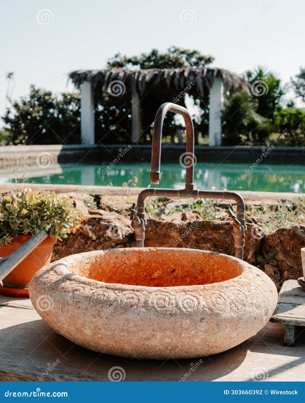 Outdoor Scene Features a Rustic Sink Situated Near a Tranquil Pool ...
