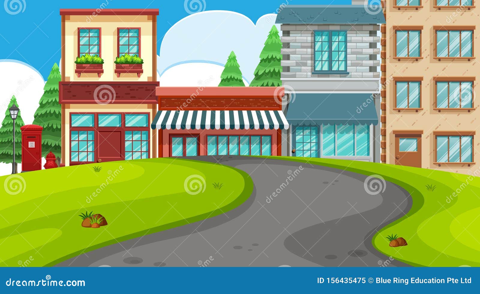 An Outdoor Scene with Shops Stock Illustration - Illustration of nature ...