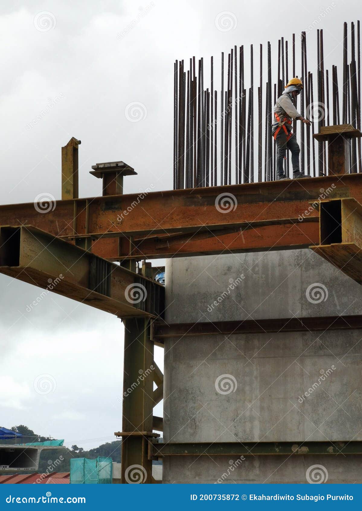 Outdoor Scenery at Construction Site with Metal Beams and Workers ...