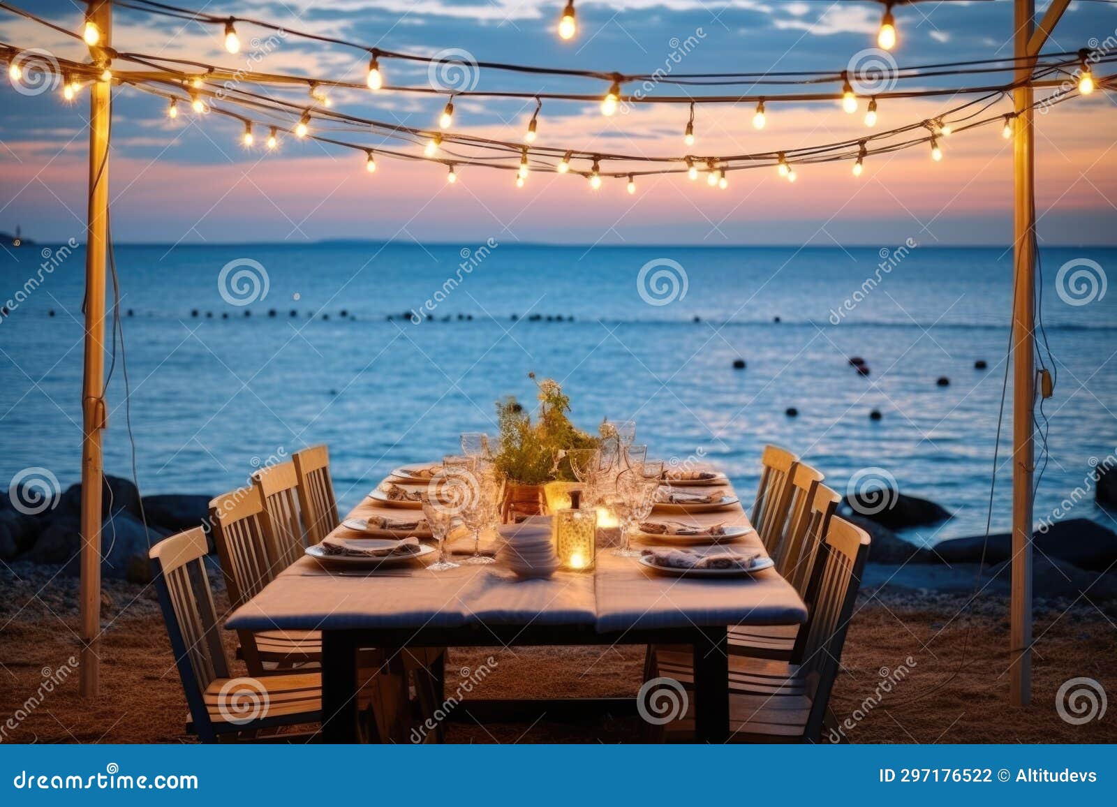 An Outdoor Seaside Dining Setup Under String Lights Stock Illustration - Illustration of ...