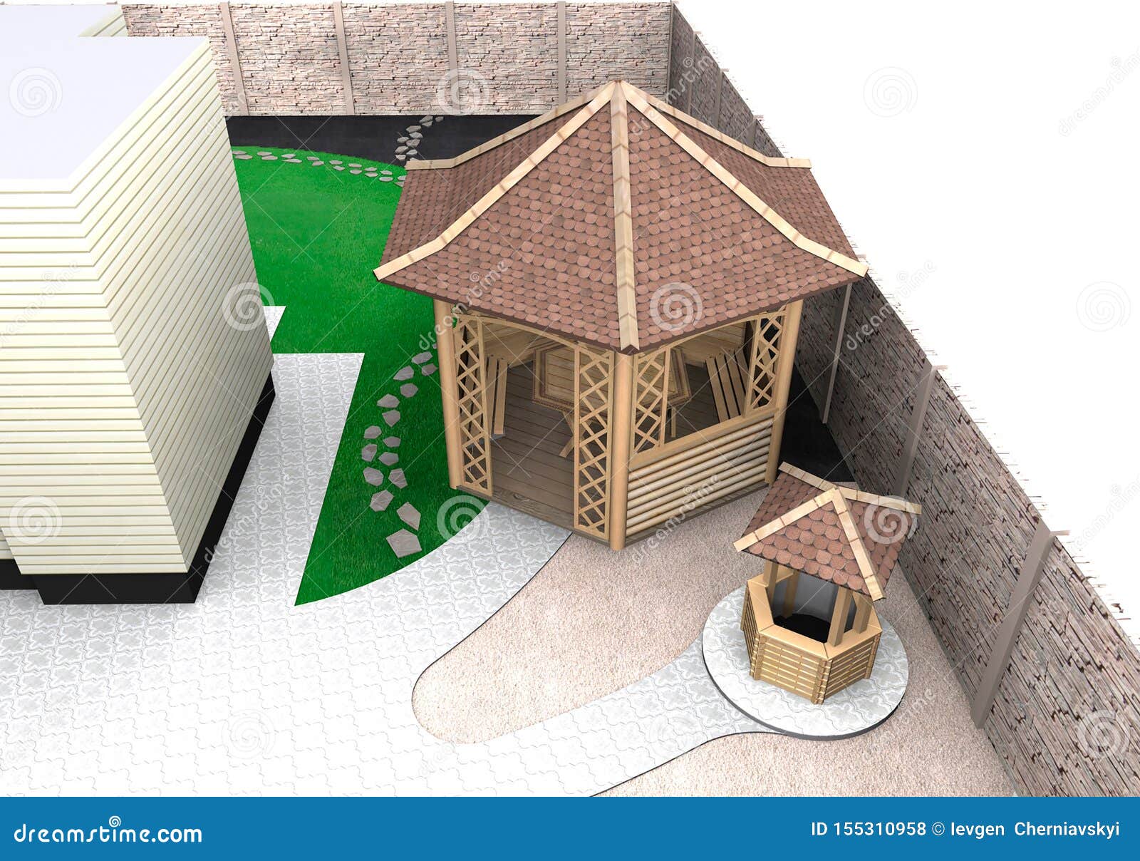 Outdoor Seating Area Design, 3D Render Stock Illustration ...