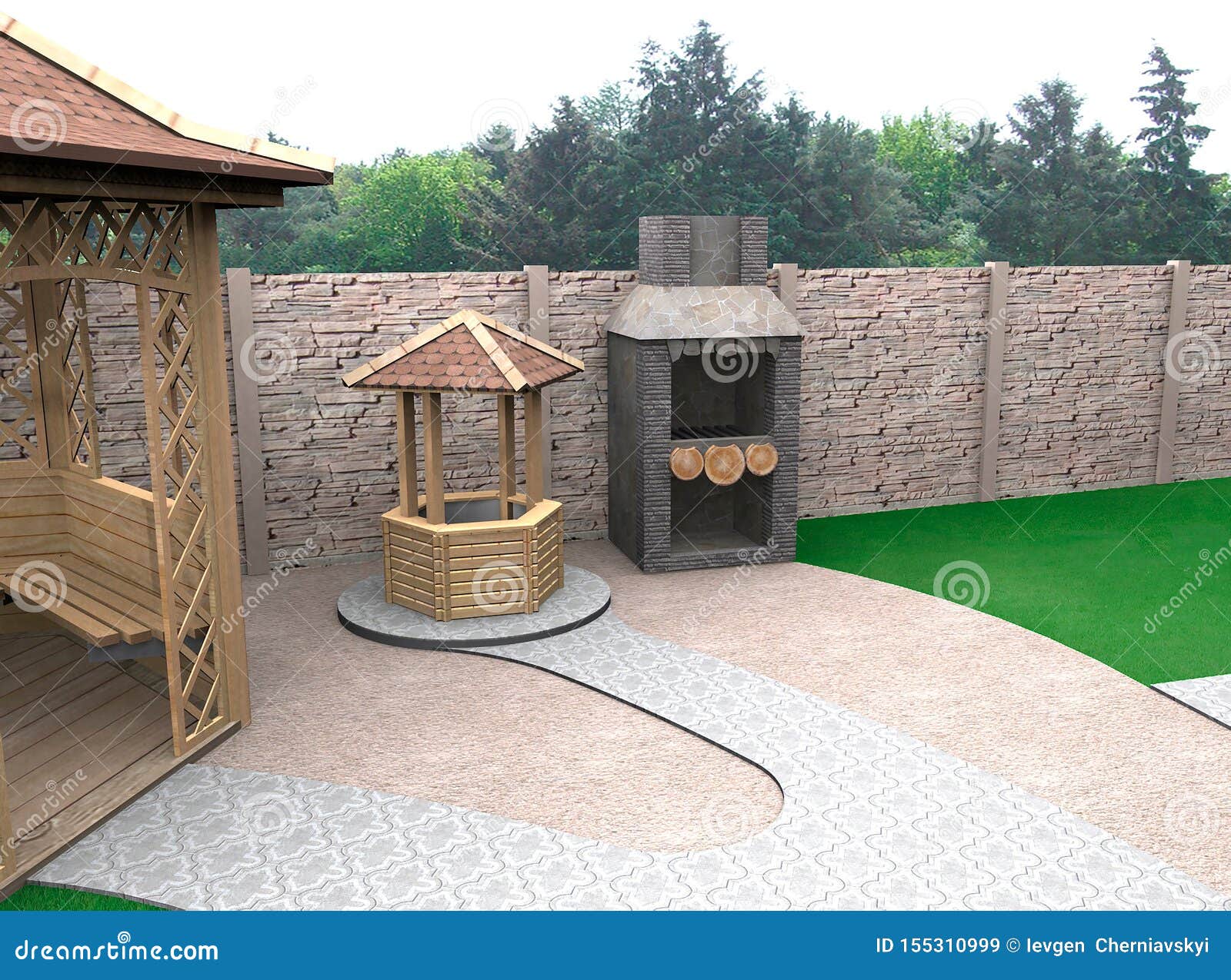 Outdoor Seating Area Design, 3D Render Stock Illustration ...