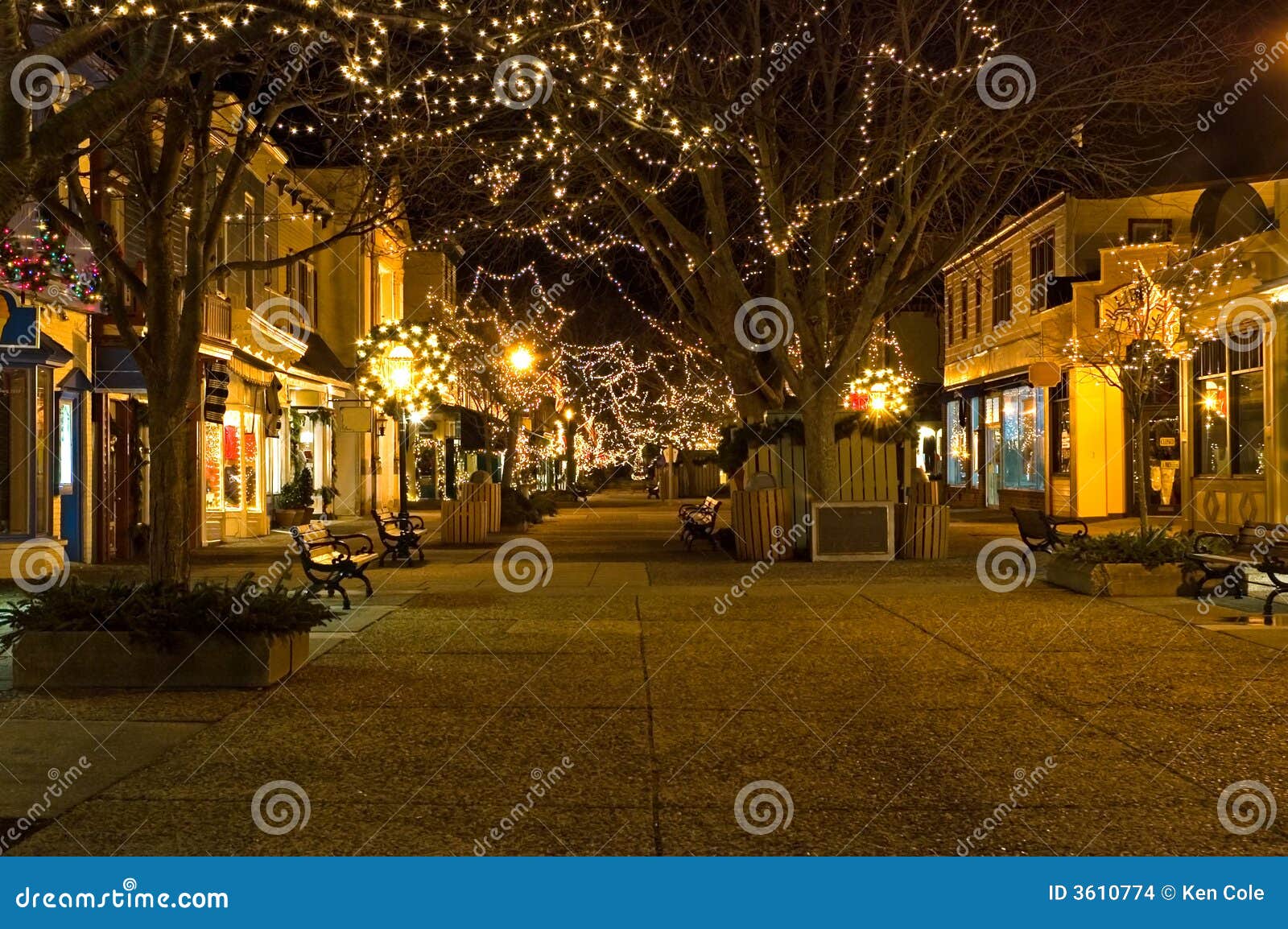 Outdoor Shopping Mall at Night Stock Photo - Image of holidays, light ...