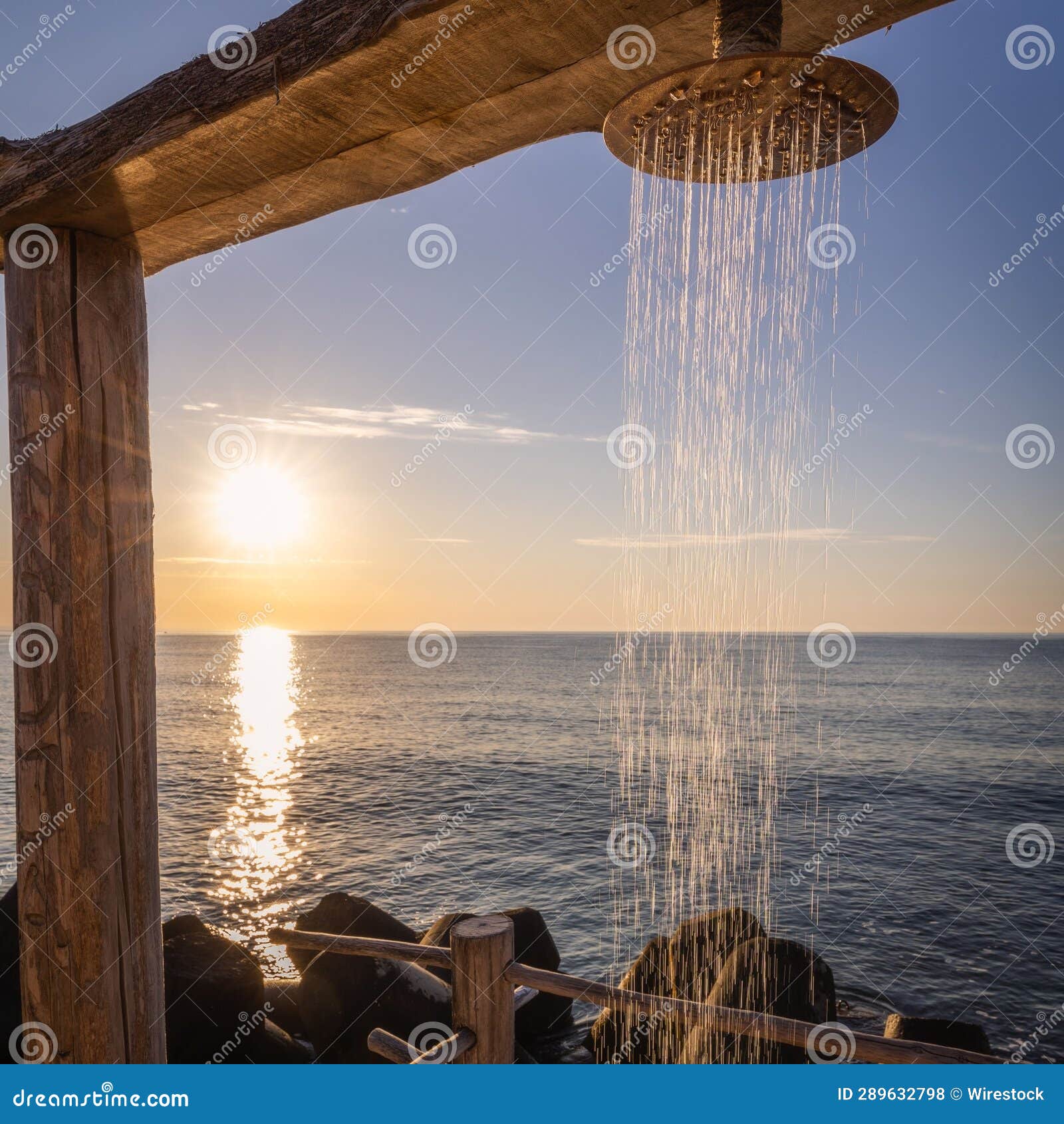 Outdoor Shower Overlooking the Sea at Sunset Stock Photo - Image of ...