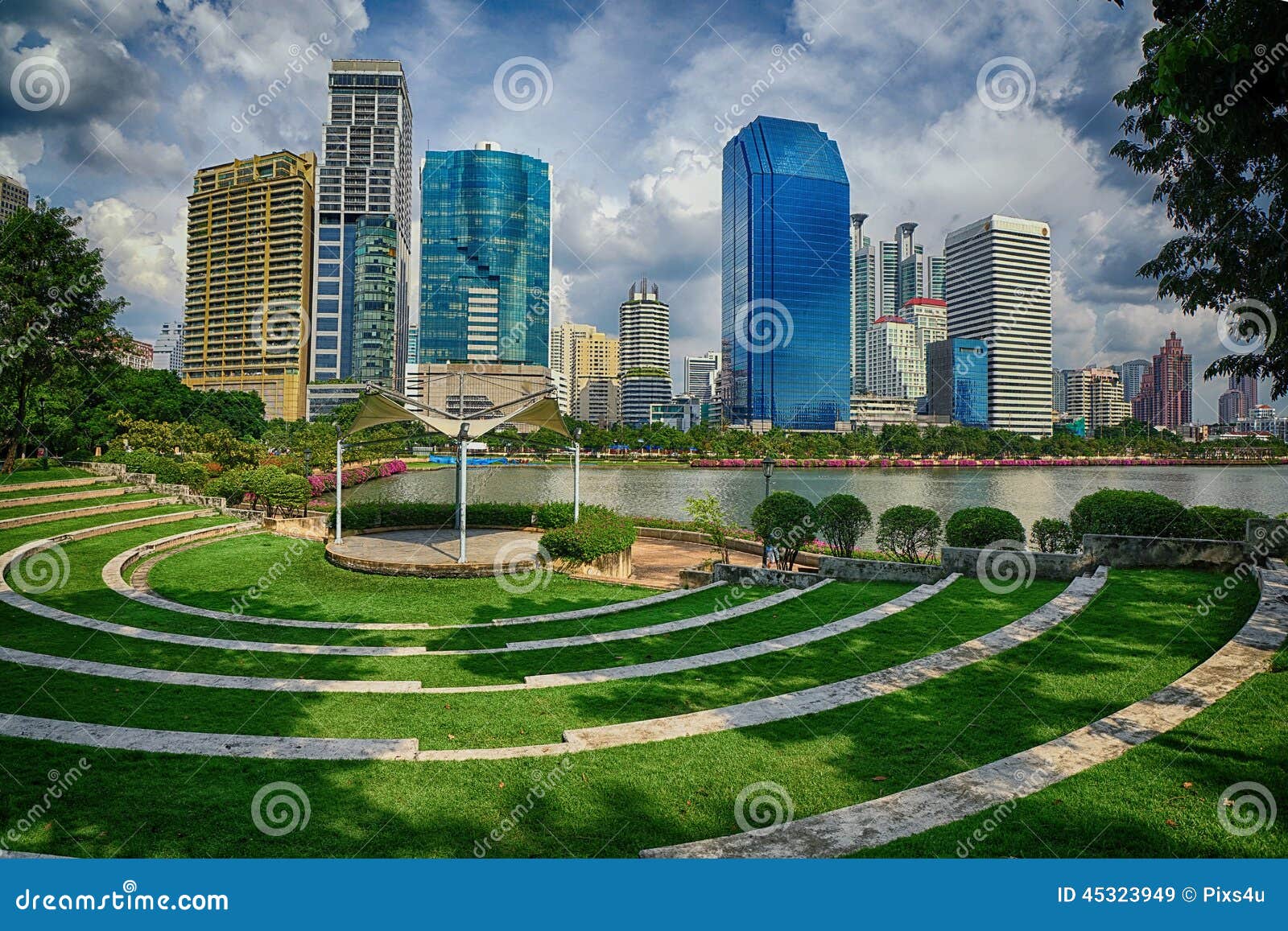 Outdoor Stage in the Park with Lake and Modern Stock Image - Image of ...