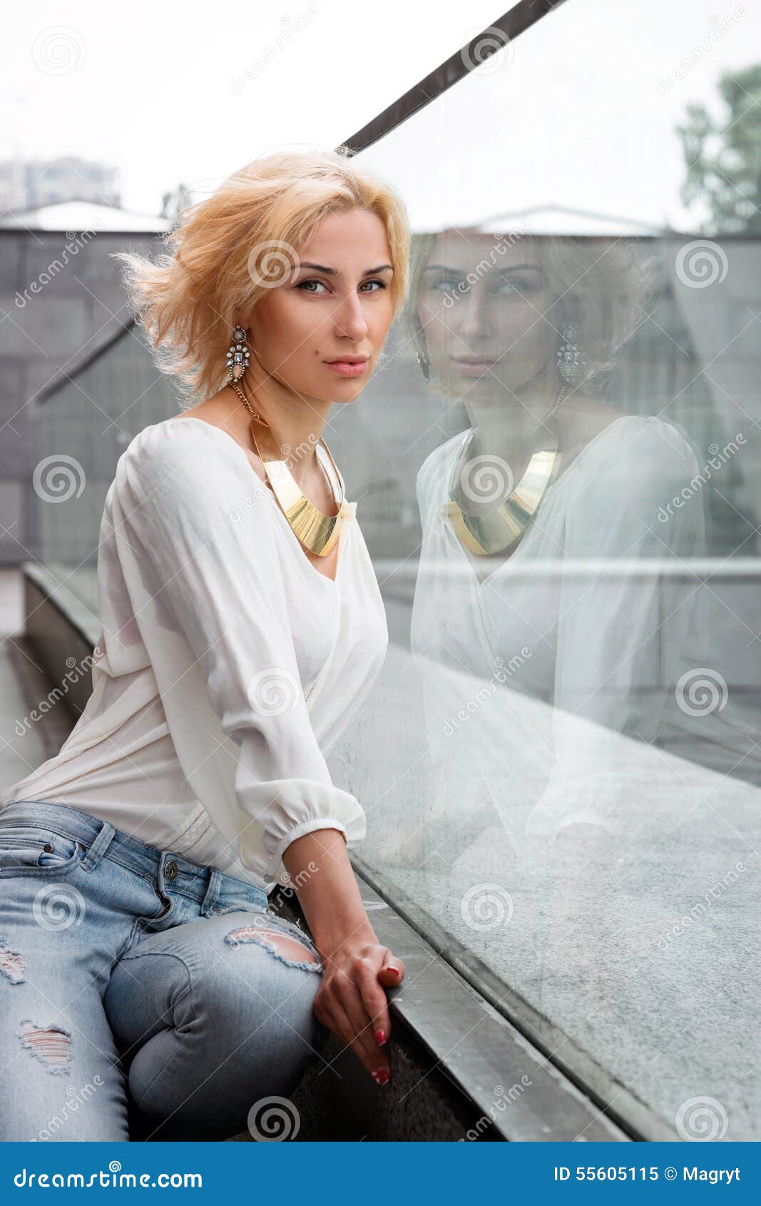 Outdoor Summer Fashion Stunning Portrait On Pretty Young Blonde Woman