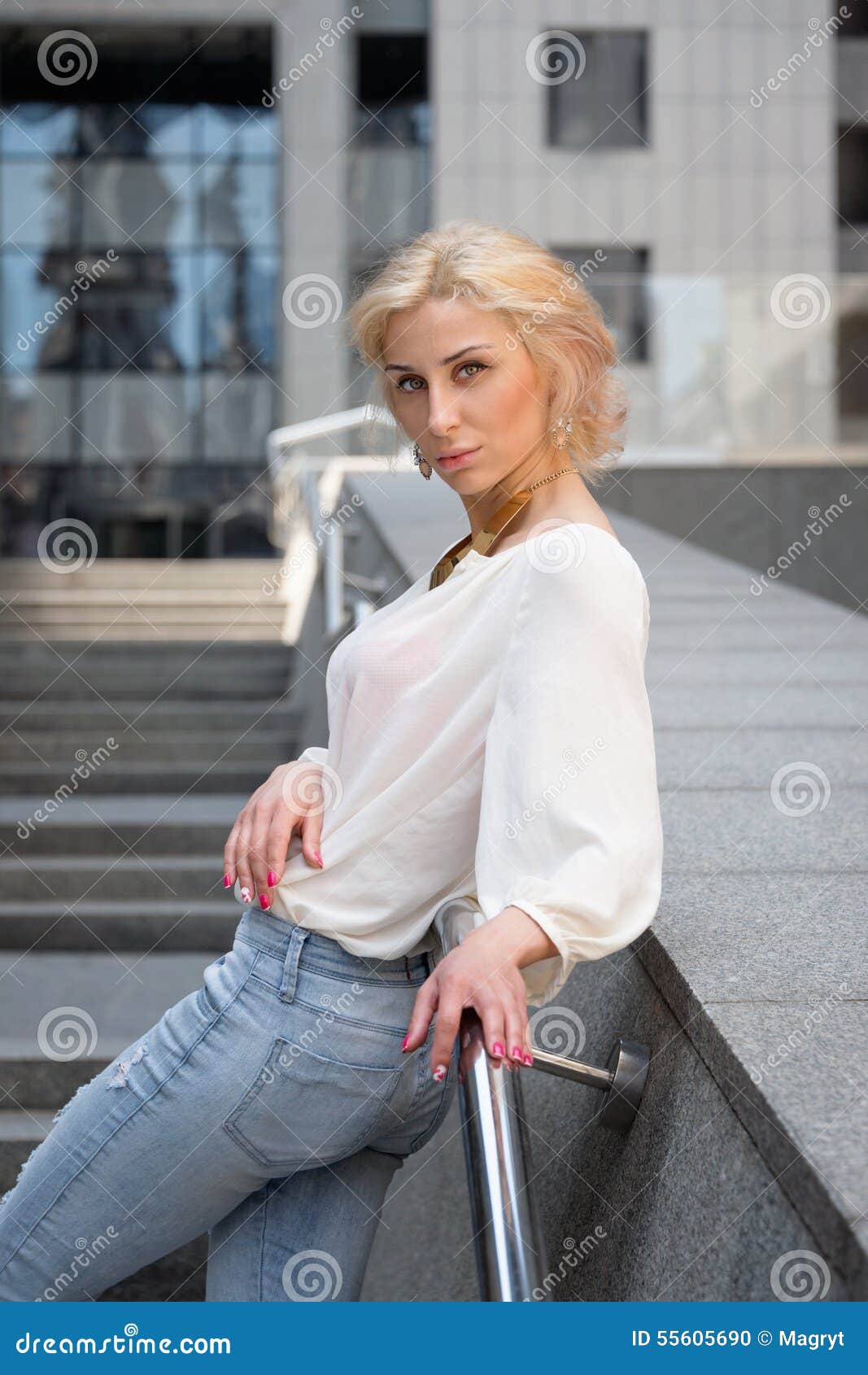 Outdoor Summer Fashion Stunning Portrait On Pretty Young Blonde Woman