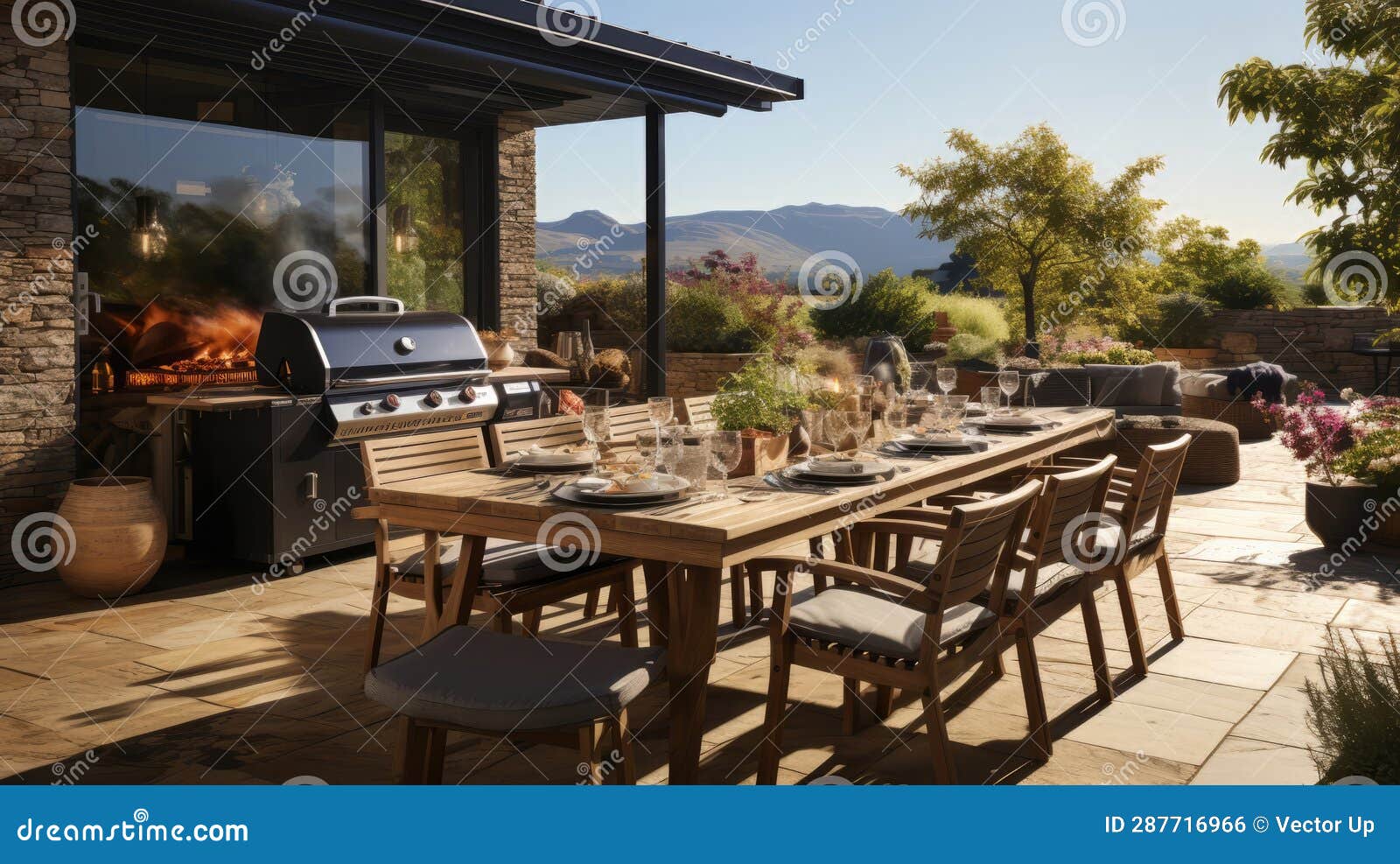 Outdoor Summer Kitchen with Long Barbecue and Table. Generative AI ...