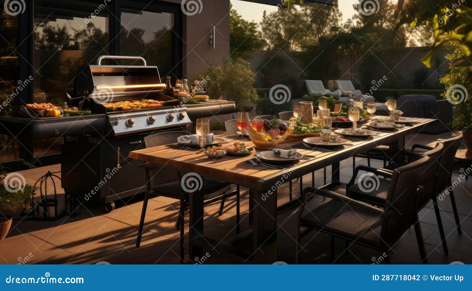 Outdoor Summer Kitchen with Long Barbecue and Table. Generative AI ...