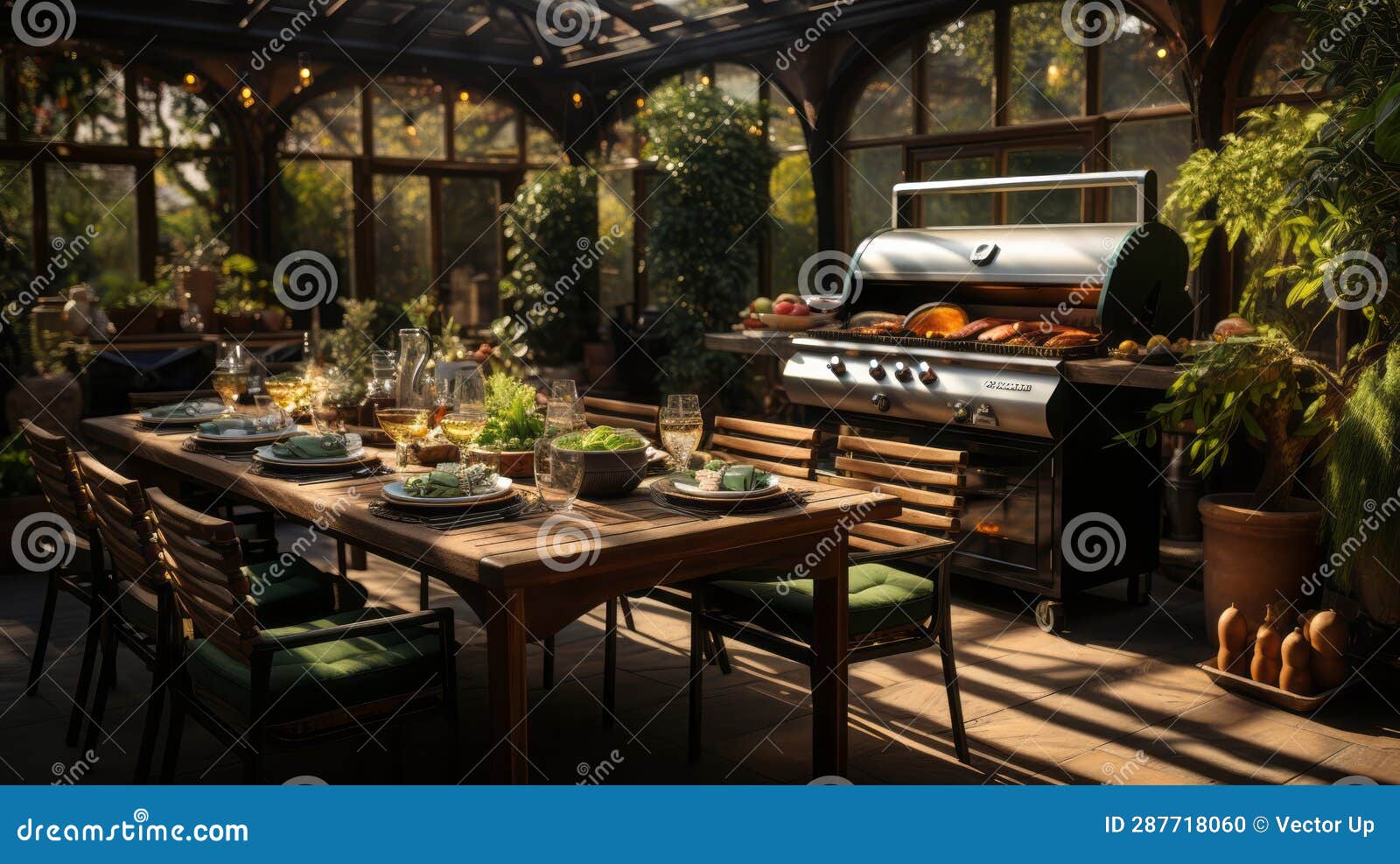 Outdoor Summer Kitchen with Long Barbecue and Table. Generative AI ...