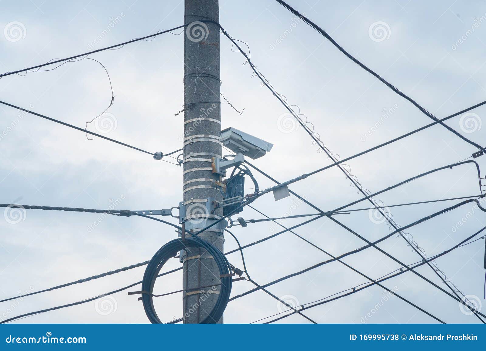 Outdoor Surveillance Camera on Pole with Cables Stock Photo - Image of ...