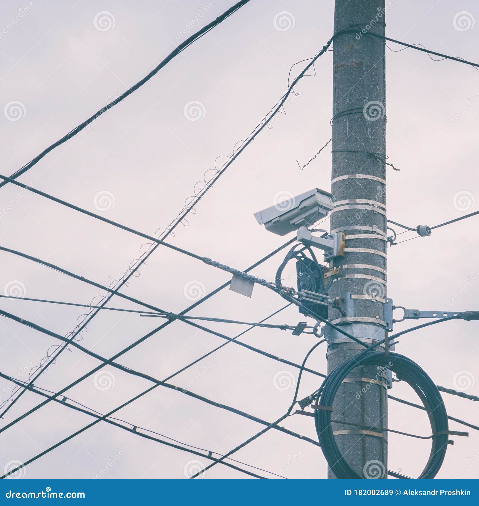 Outdoor Surveillance Camera on Pole with Cables Stock Image - Image of ...