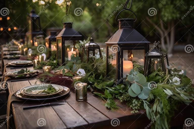 Outdoor Table Settings with Rustic Lanterns and Greenery for a Warm and ...