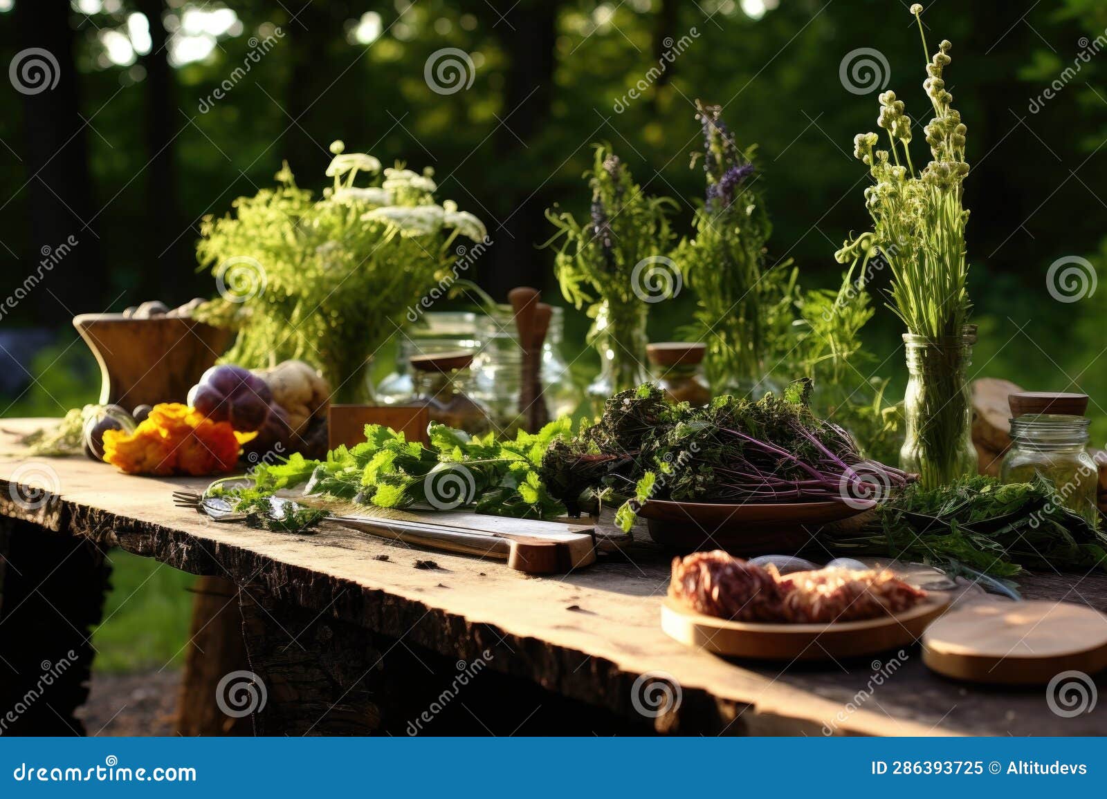 Outdoor Table Setup with Wild Edible Dishes and Recipes Stock Image ...
