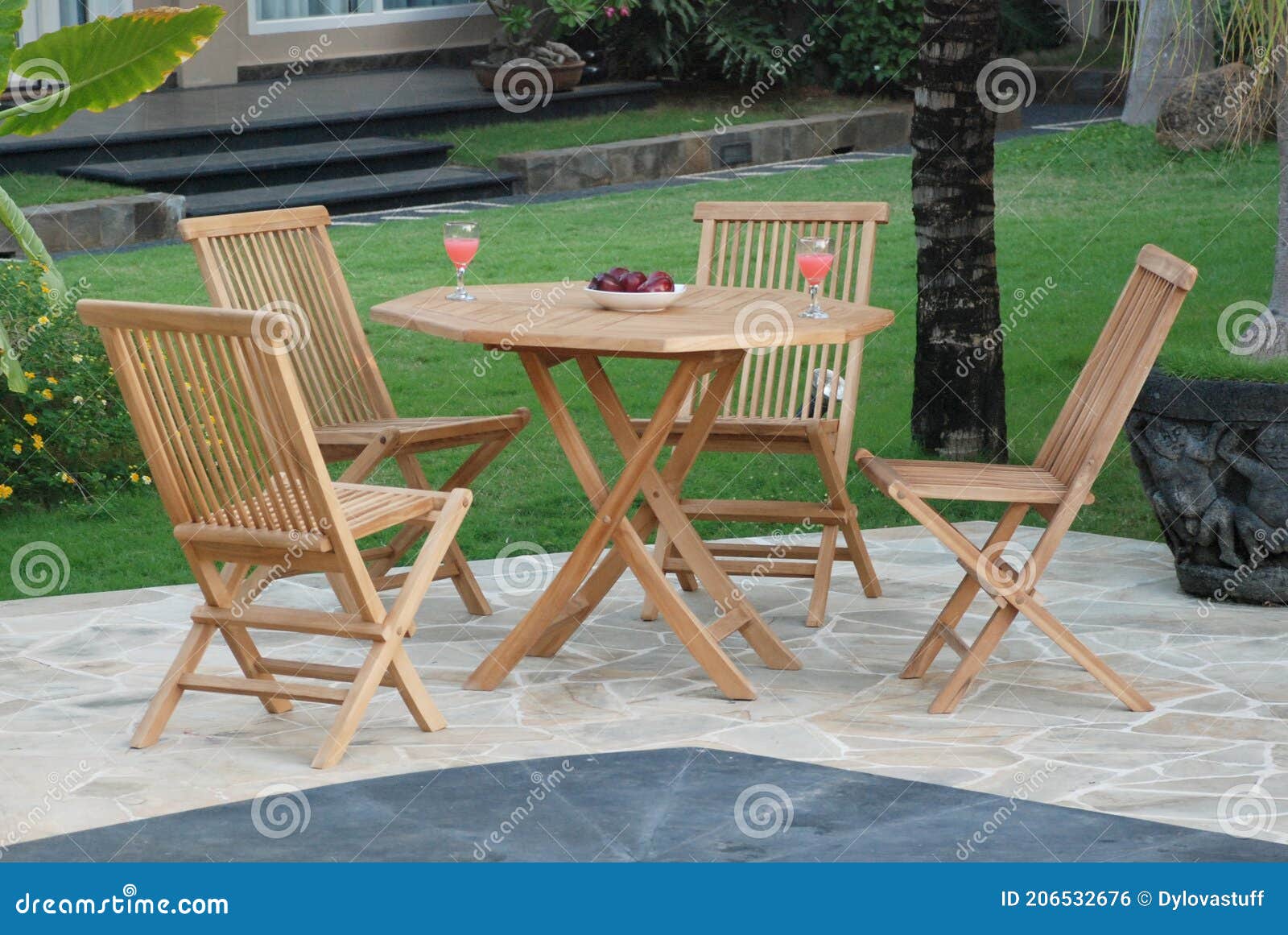 Outdoor Teak Garden Furniture Set with Table and Folding Chairs Stock ... Outdoor Teak Garden Furniture Set with Table and Folding Chairs Stock ...
