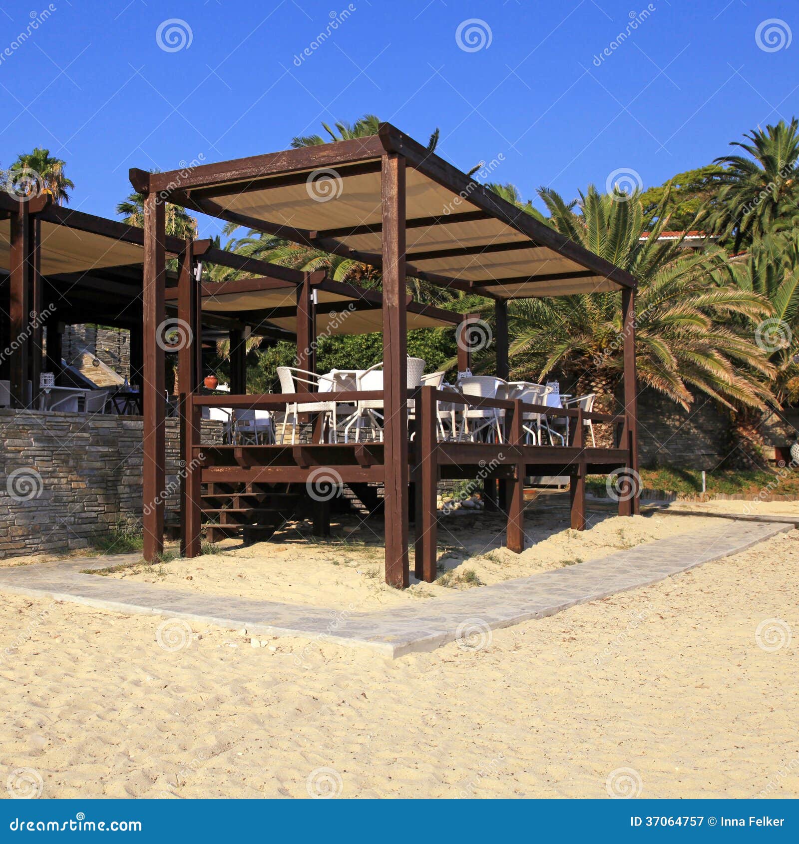 Outdoor Terrace Cafe on Sand Beach Stock Image - Image of nice, greece ...
