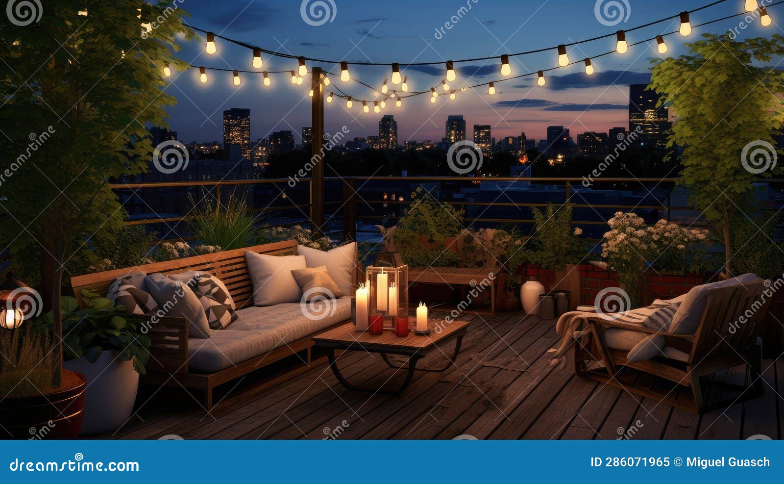 Outdoor Terrace at Sunset with Outdoor String Lights Stock Illustration - Illustration of ...