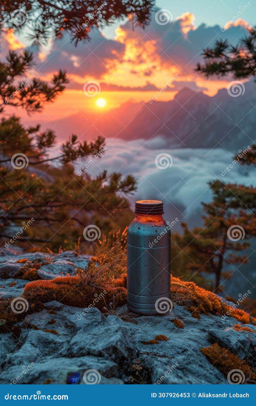 An Outdoor Thermos Flask Stands on a Rock at Sunset Stock Image - Image ...