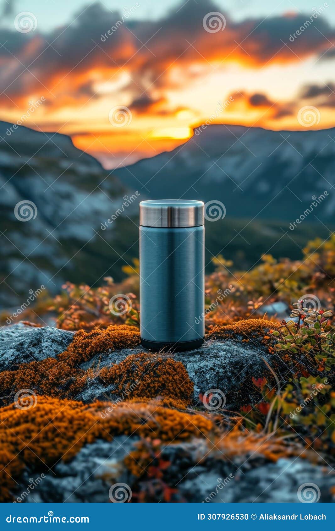 An Outdoor Thermos Flask Stands on a Rock at Sunset Stock Photo - Image ...