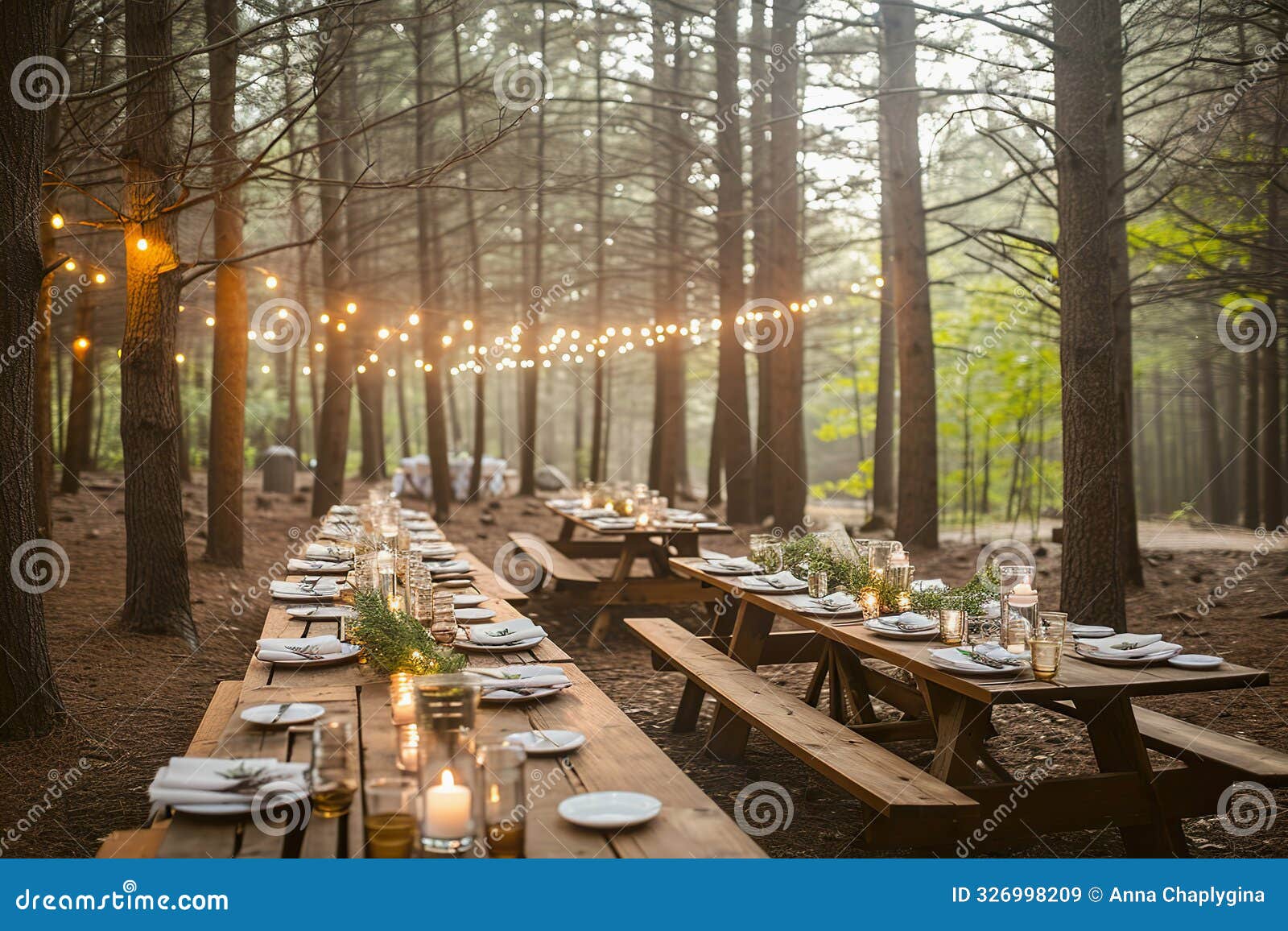 Outdoor Wedding Reception in Forest with Wooden Tables, String Lights ...