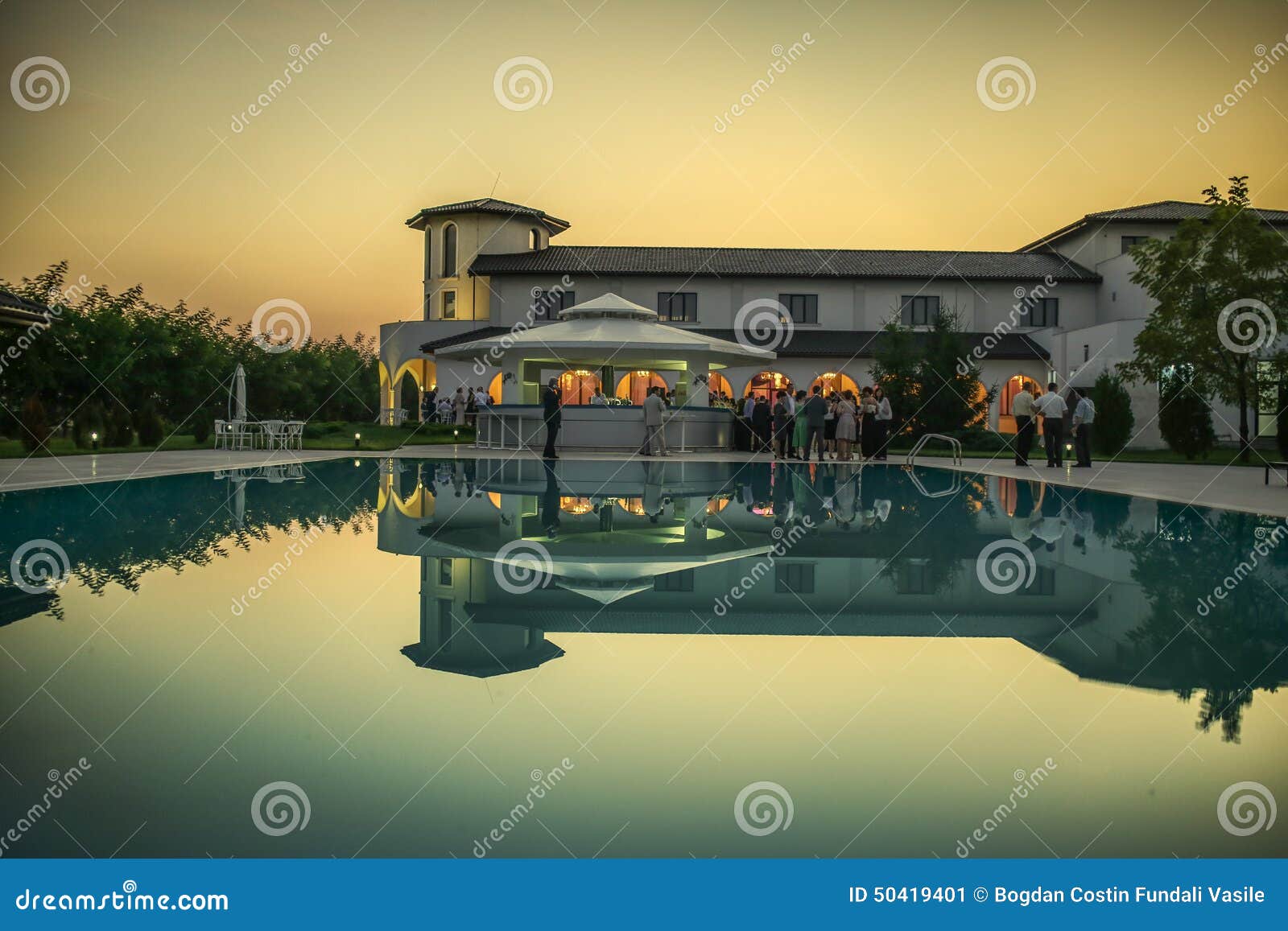 Outdoor Wedding Reception by the Pool Stock Image - Image of catering ...