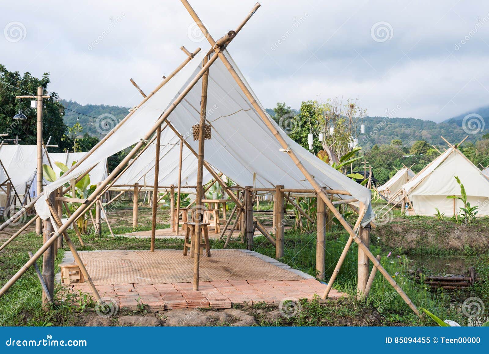 Outdoor White Tent at Camping Yard Stock Image - Image of forest ...