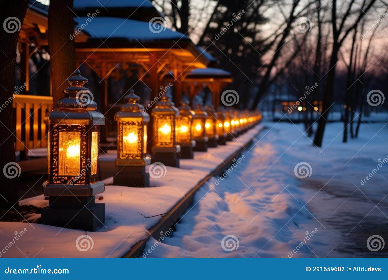 Outdoor Winter Lanterns Glowing in the Twilight Stock Photo - Image of ...