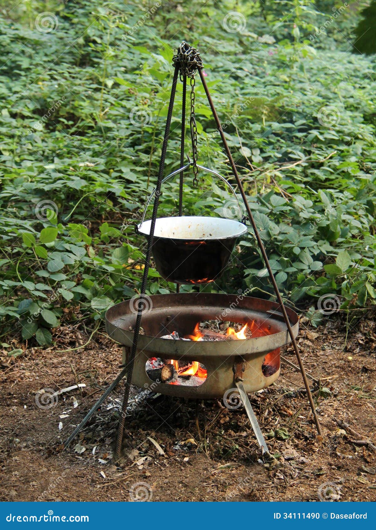 Outdoor Wood Fire. stock photo. Image of saucepan, heat - 34111490