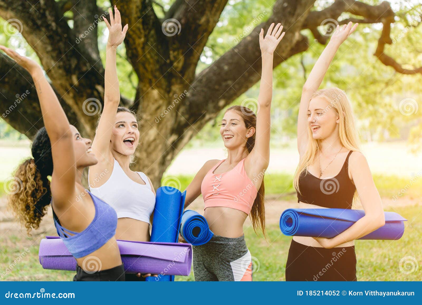 Outdoor Yoga Class Group Of Young Healthy Women Teen Happy Greeting