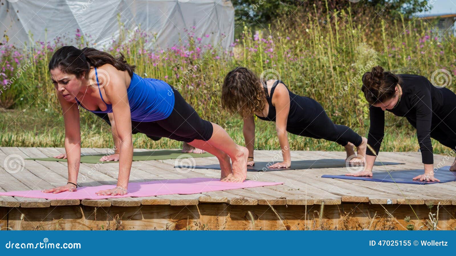 Outdoor Yoga Practice. Young Woman Practicing Ashtanga Namaskara, Eight ...