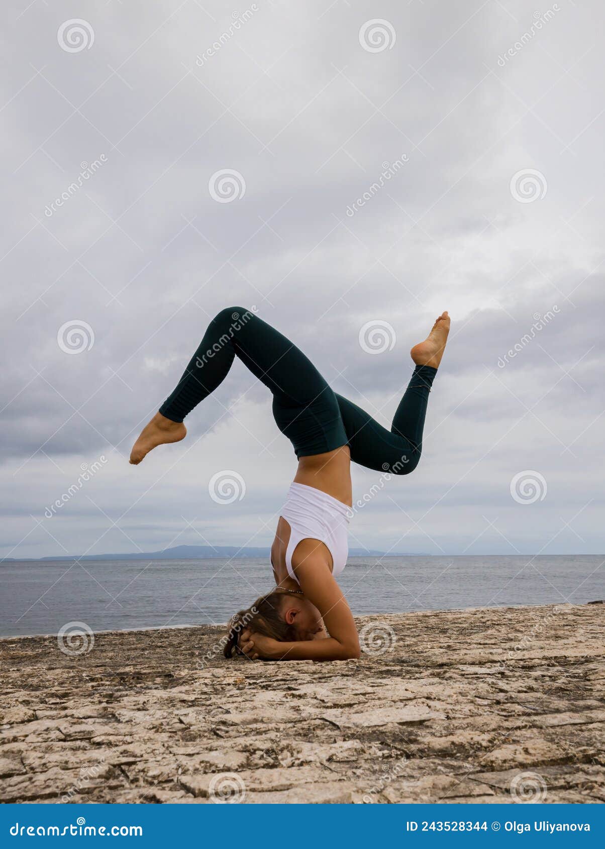 Outdoor Yoga Practice Near The Ocean Young Woman Practicing Salamba