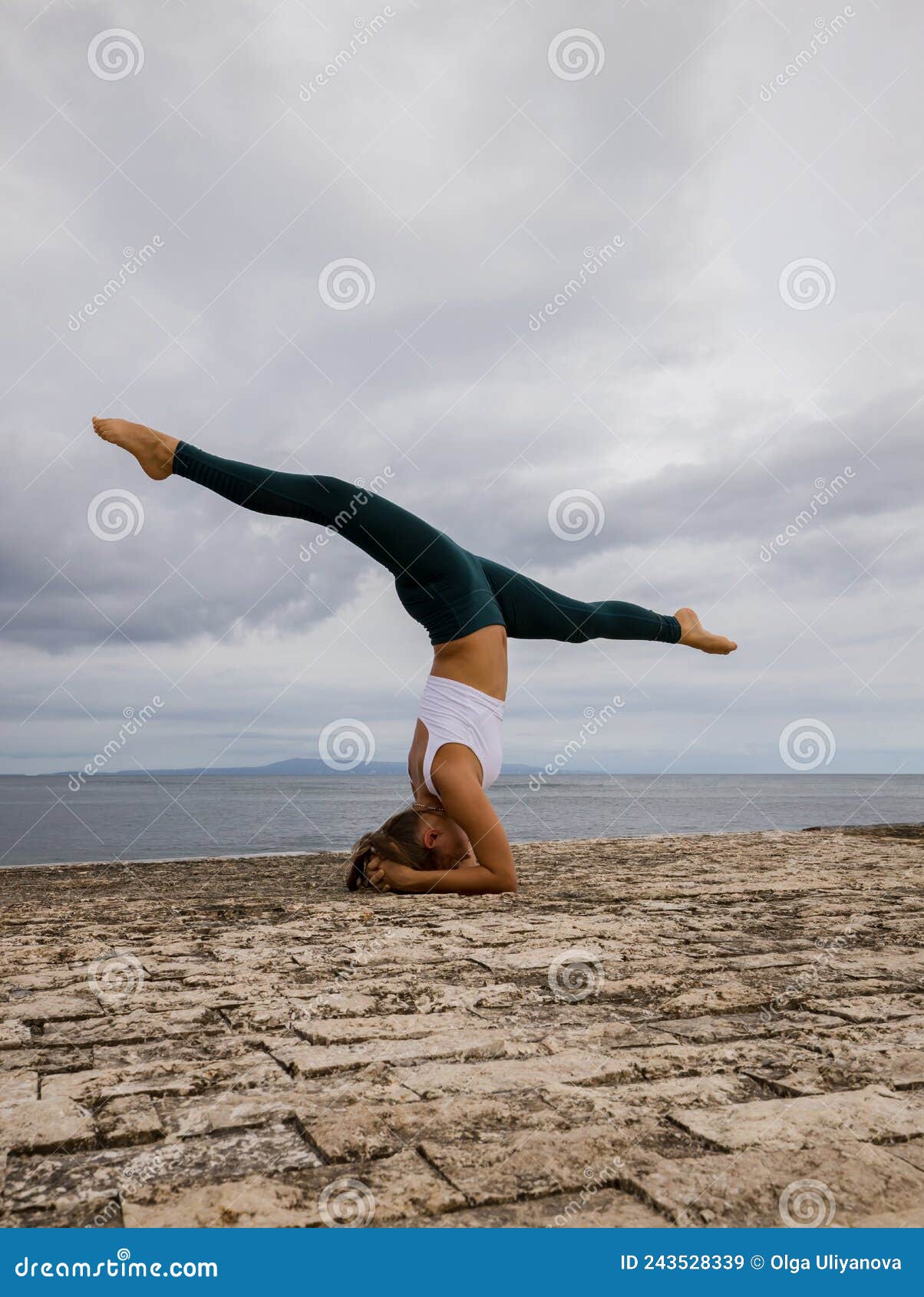 Outdoor Yoga Practice Near The Ocean Young Woman Practicing Salamba