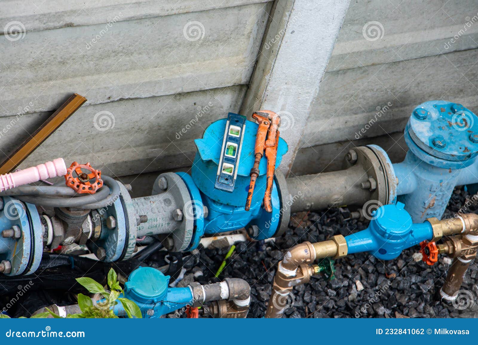 The Outdoors Piping System with Plumber`s Tools Stock Photo - Image of ...