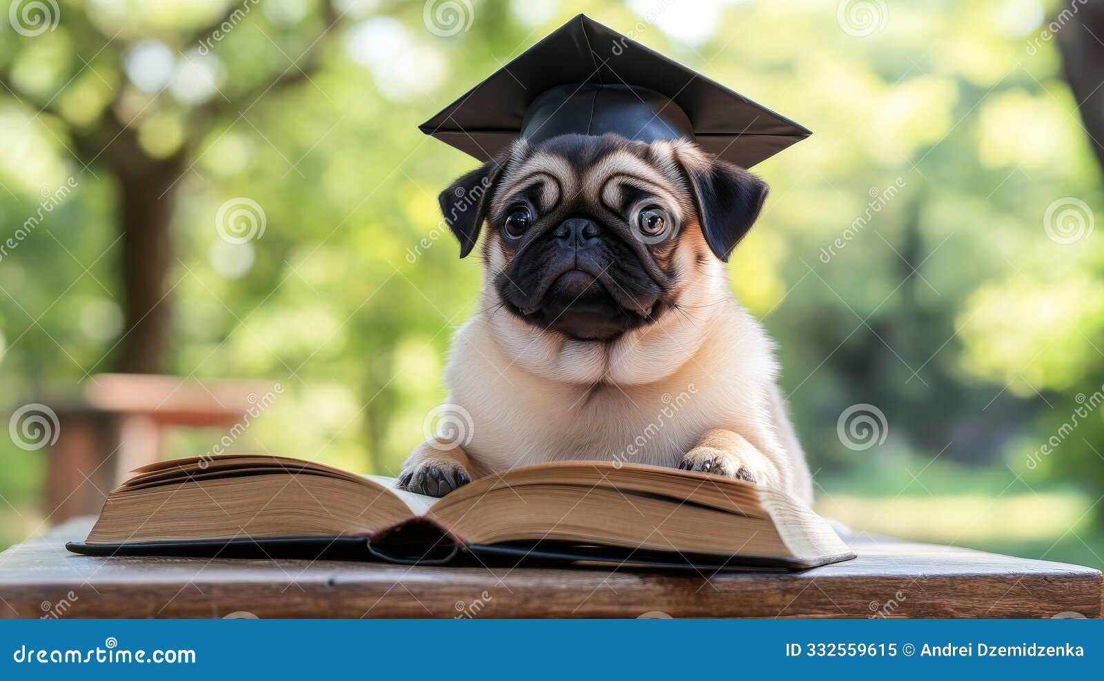 Outdoors Reading a Book is a Pug Wearing a Graduation Hat. Stock ...