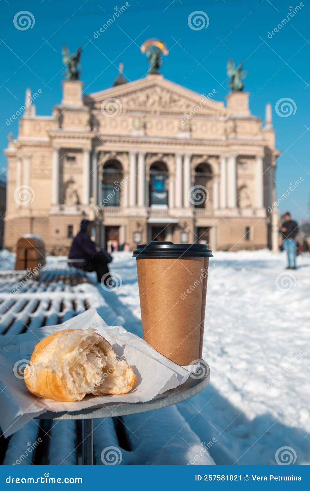 Outdoors Table with Bench Coffee To Go and Croissant Stock Image ...