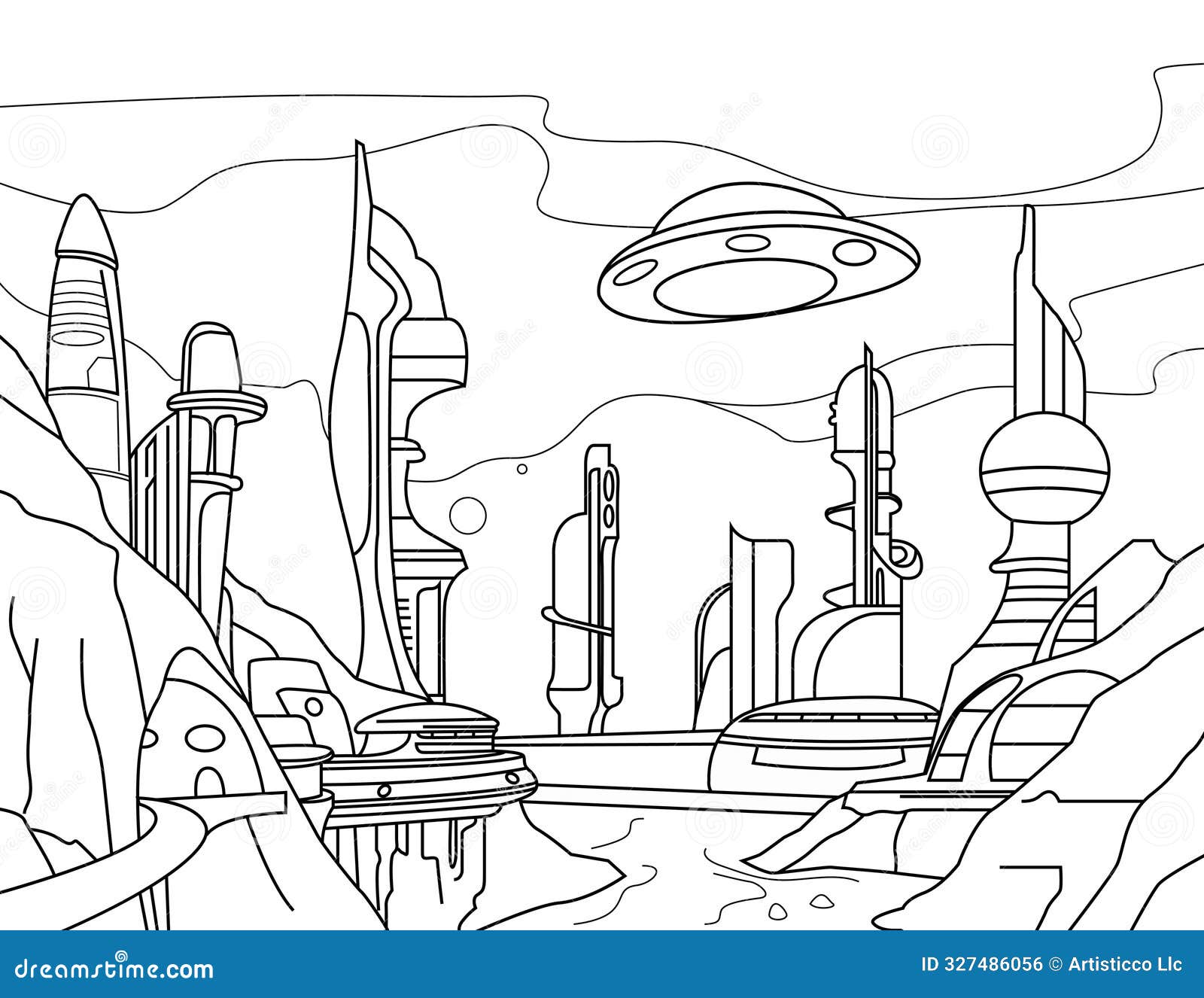 Outer Space City Outline Coloring Page Vector Illustration Stock Vector ...
