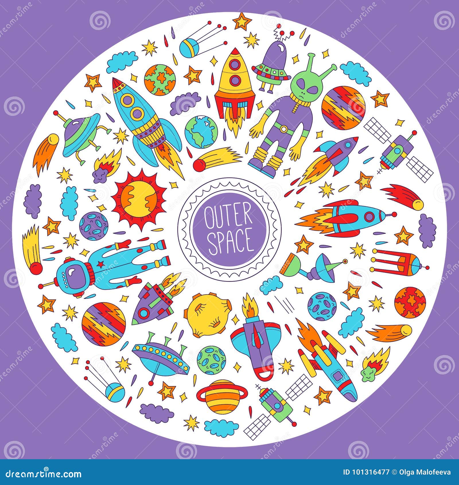 Outer Space Doodle Icons Round Frame Stock Vector - Illustration of ...