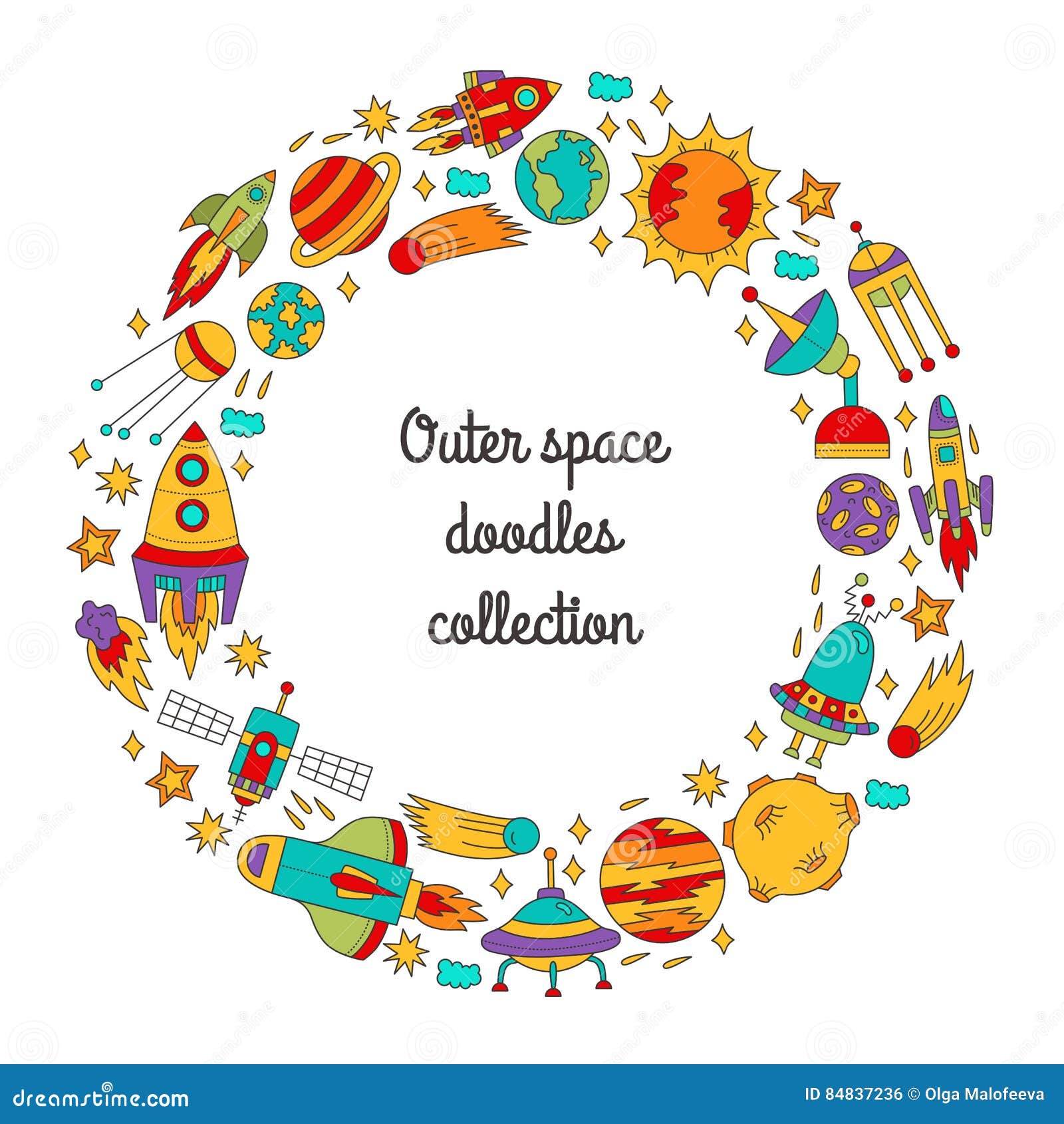 Outer Space Doodles Circle Round Rame Stock Vector - Illustration of ...