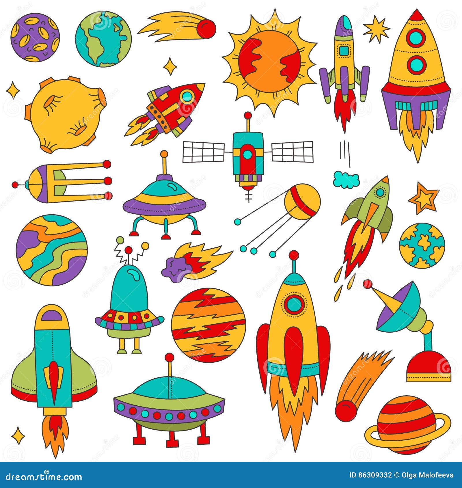 Outer Space Doodles Colorful Cute Collection Stock Vector ...