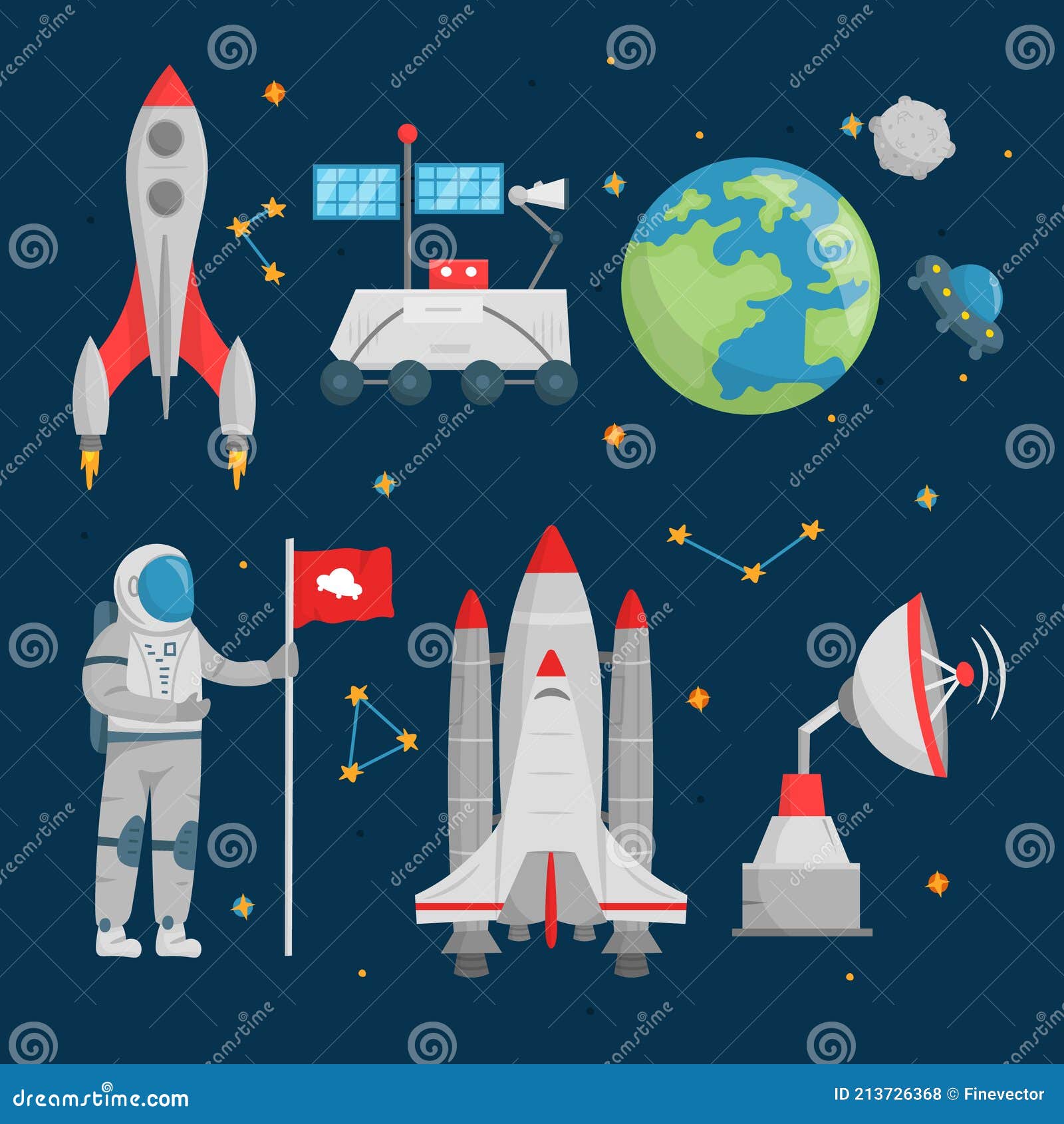 Outer Space Exploration Set with Astronaut in Spacesuit and Spaceships ...